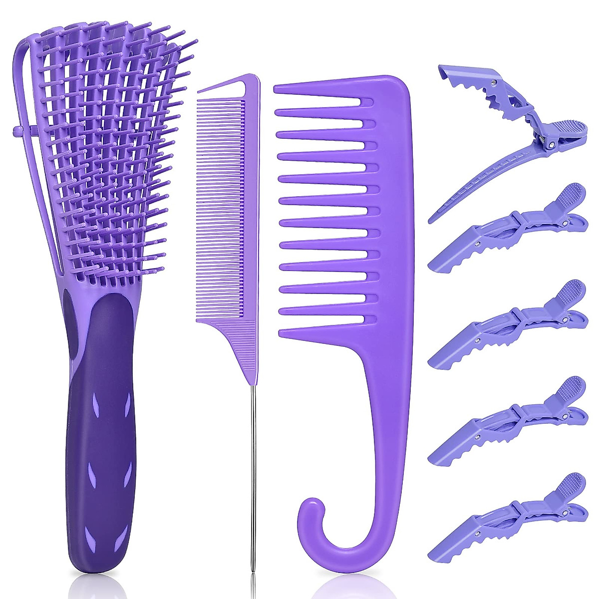EZ Detangler Brush Set, MORGLES Detangling Hair Brush for Black Natural Hair Wide Tooth Comb with Rat Tail Comb 5PCS Alligator Clips for Men Women Kids(Purple)