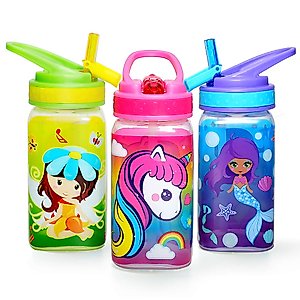 Home Tune 15oz Kids Water Drinking Bottle - BPA Free, Wide Mouth, Flip Sip Top, Easy Open, Lightweight, Leak-Proof, Cute Design For Girls & Boys - 3 Pack Unicorn & Fairy & Mermaid