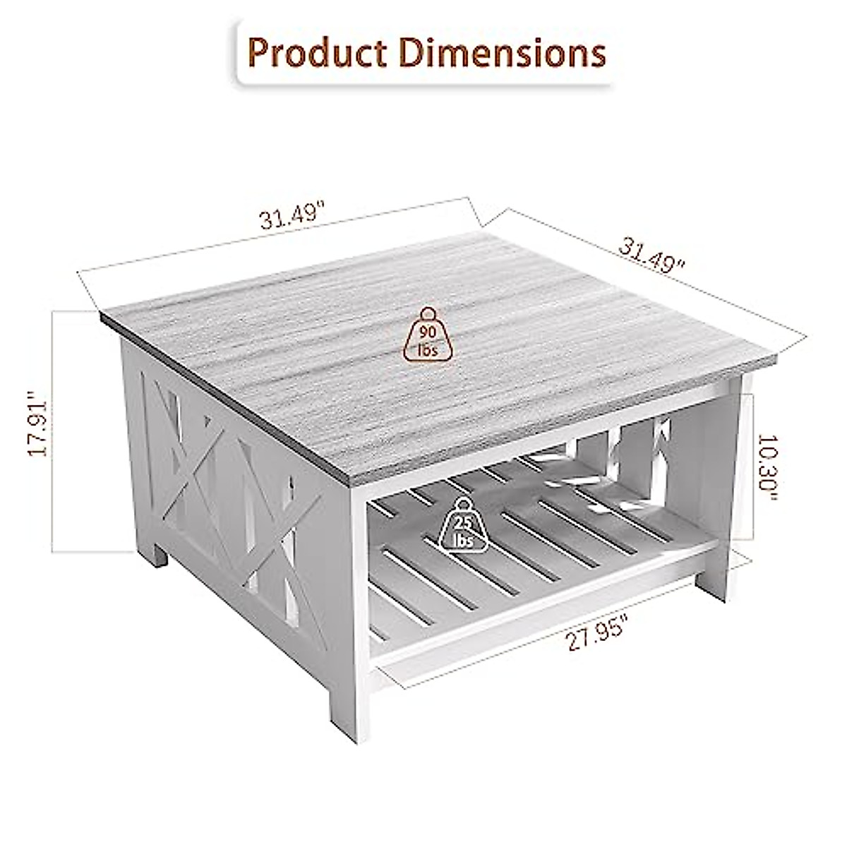 VOXANOXI Square Coffee Table with Storage, Modern Rustic Coffee Table for Living Room, Wooden Farmhouse Coffee Table with Open Storage, Center Table for Living Room, Rustic Grey