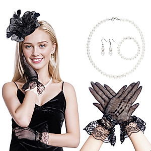 Pistha 5 Pcs 1920s Fascinators for Women Tea Party Fascinators Headband and Gloves for Women Tea Party Halloween Cocktail Wedding (Black)
