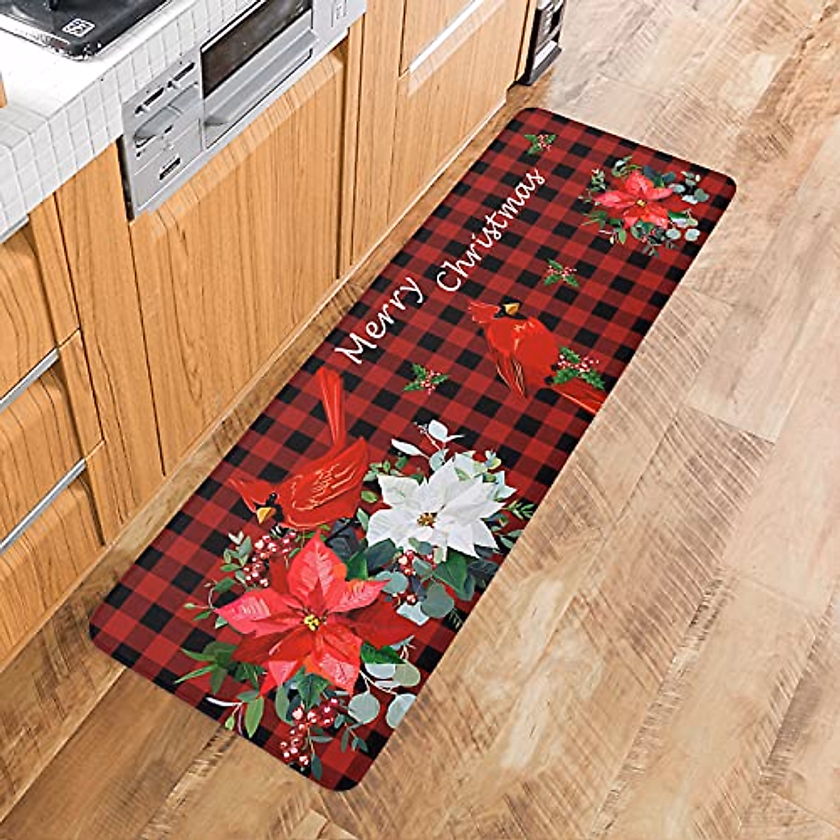 Kitchen Rug and Mat Set Merry Christmas Cardinal Poinsettia,Non-Slip Doormats Comfort Durable Floor Runner,Farm Berries Red Black Buffalo Check Washable Standing Carpet for Bedroom Living Room Decor
