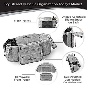 StrollAir - Universal Organizer for Single Strollers – Insulated Cup Holder Console Parent Drink Caddy- Compatible with CosmoS, SOLO, Uppa Baby,Nuna, Baby Jogger, Bumbleride – Grey