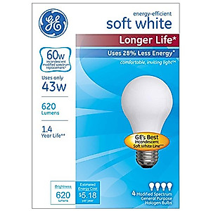 GE Lighting A19 Incandescent Halogen Light Bulbs, 43-Watt, Soft White Finish, 60-Watt Replacement, 620-Lumen, Medium Base, 4-Pack