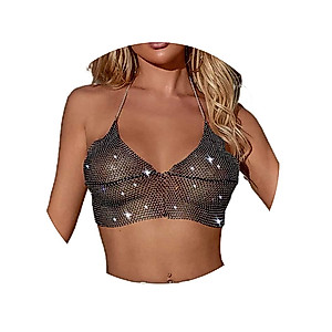 Yokawe Rhinestone Crop Tube Top Black Glitter Crystal Tank Top Sexy Backless Halter Bra Chain V Neck Bikini Chains Party Rave Festival Nightclub Body Accessories Jewelry for Women and Girls