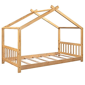 Bellemave Floor House Beds Wood Montessori Bed Frame Twin Size Platform Bed with Headboard & Footboard for Kids Boys Girls Teens, Natural