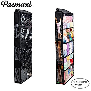 5 Compartments Hanging Yarn Knitting Storage Organizer with Zipper Closure, Yarn Over Door Display Holder with 6 Clear Pockets On Side for Knitting Needles, Crochet Hooks (L Size, Black)