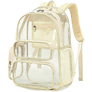 CAMTOP Clear Backpack Heavy Duty PVC Transparent Bag See Through BookBag for Student School Work Festival Sport Travel(17 Inch,Beige)