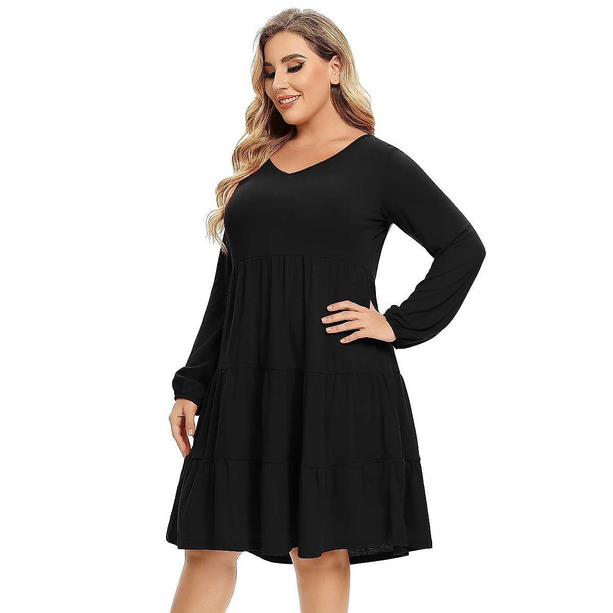 ShopWonder Women's Plus Size Casual Tunic Mini Dress Lantern Sleeve Ruffle Hem V Neck Loose Swing Fall Dresses Plus Size(Black,2XL)