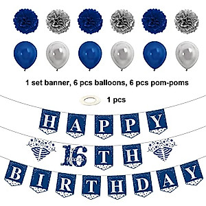 Kauayurk Blue Silver 16th Birthday Banner Decorations Kit for Boys, 26pcs Sixteen Birthday Banner Balloon Hanging Swirl Poms Party Supplies, 16 Years Old Birthday Sign Decor