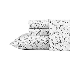 Laura Ashley Home - Queen Sheets, Soft Sateen Cotton Bedding Set - Sleek, Smooth, & Breathable Home Decor (Saras Sprig Black, 4 pieces, Queen)