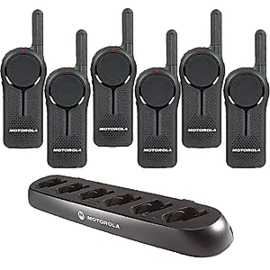 6 Motorola DLR1060 Two Way Radios & 1 Motorola 56531 6 Radio Charger Black