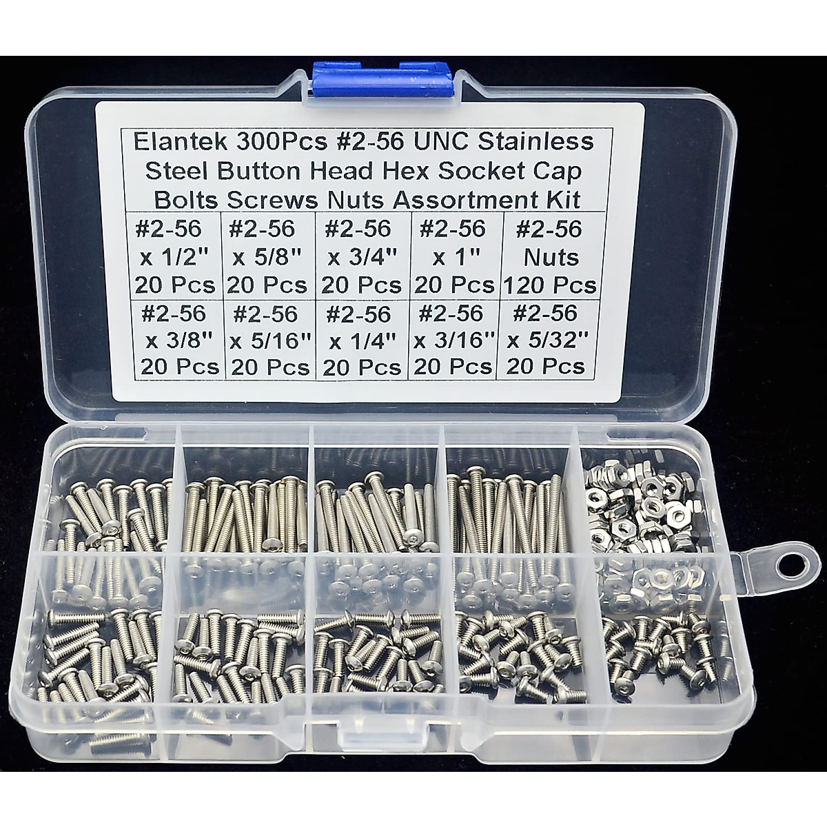 Elantek #2-56 UNC 304-Stainless Steel Button Head Hex Socket Cap Bolts Screws Nuts Assortment Kit