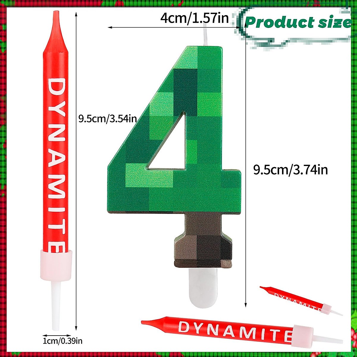 FUNCANDLE TNT Themed Birthday Candle Set,Dynamite 7 Candle with 12 Pieces Long Thin Candles,Happy 7th Birthday Candles,Dynamite Green Pixel Cake Candles for Boys Birthday Decoration Party Supplies