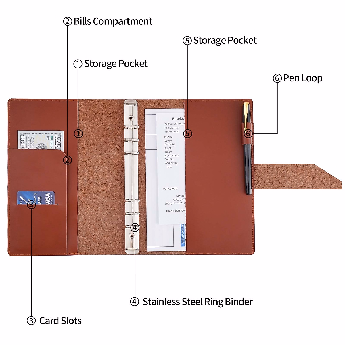 Nekmit Leather Planner 2024-2025, Monthly Weekly Planner, A5 Refillable 6 Ring Binder, Genuine Leather Cover with Inner Pockets and Pen Holder, Brown