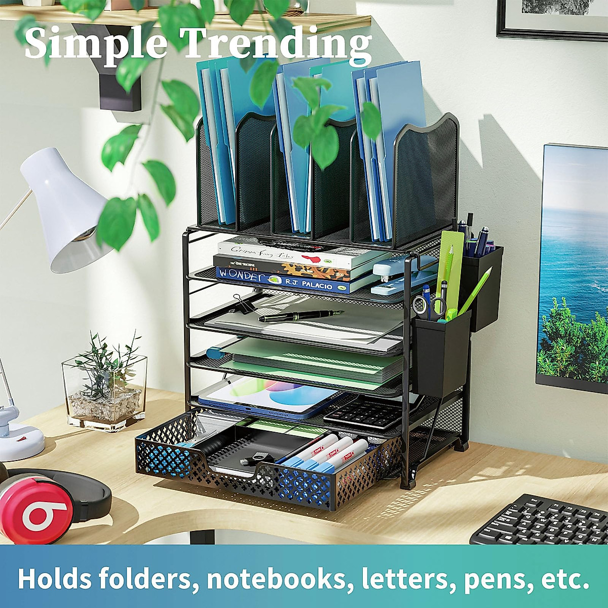 Simple Trending 5 Tier Mesh Desk File Organizer, Paper Letter Tray File Holder with Sliding Drawer Organizer for Office Home, Black