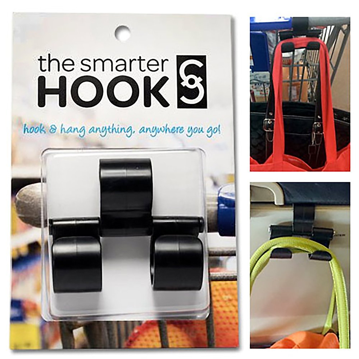 The Smarter Hook Black - Strong, Durable, and Lightweight Innovative Multi-Use Hook for Diaper Bags, Backpacks, Purses, Grocery Bags; Use on Baby Strollers, Shopping Carts, Walkers, Chairs