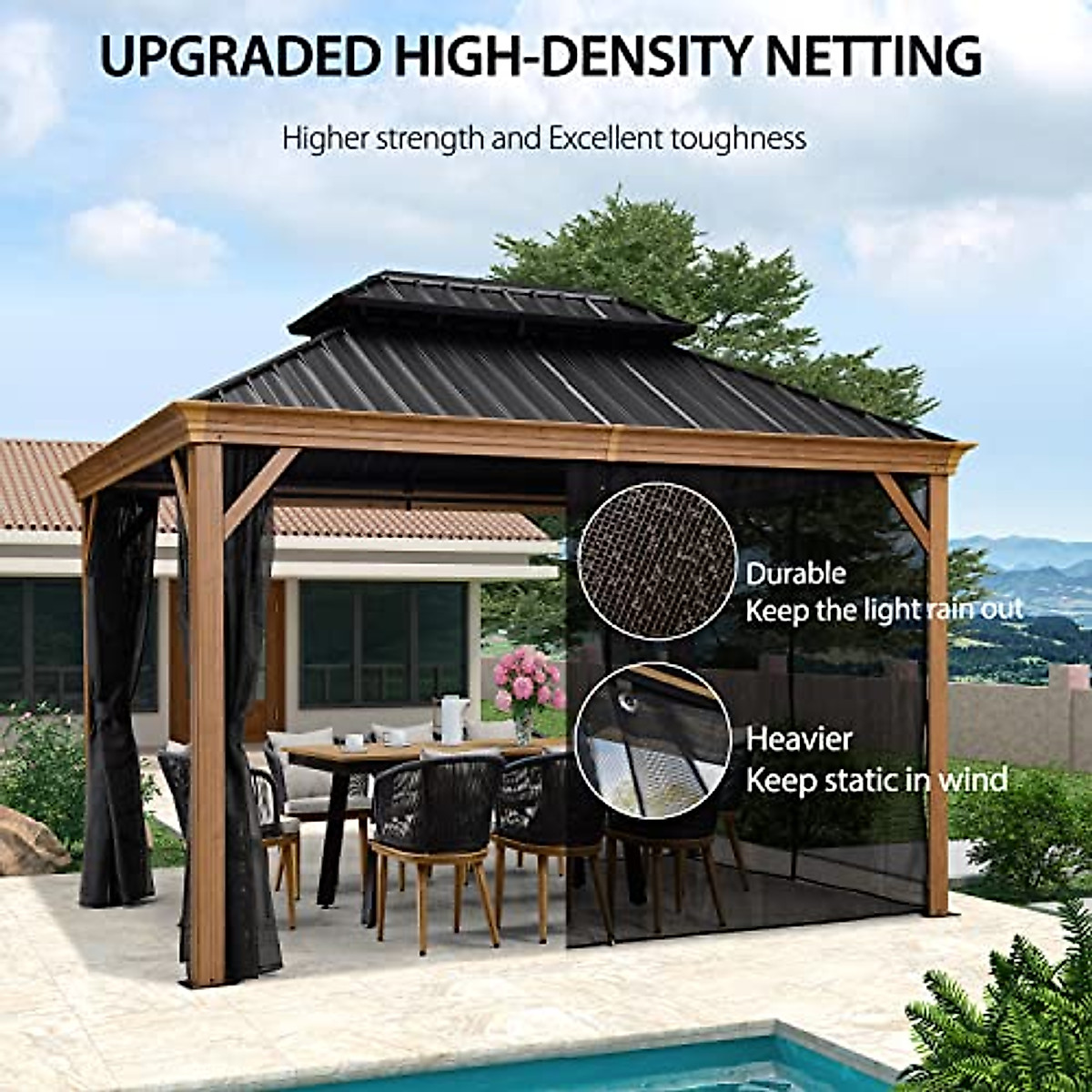 PURPLE LEAF 10' X 12' Outdoor Hardtop Gazebo for Patio Galvanized Steel Double Roof Permanent Canopy Teak Finish Coated Aluminum Frame Pavilion Gazebo with Netting