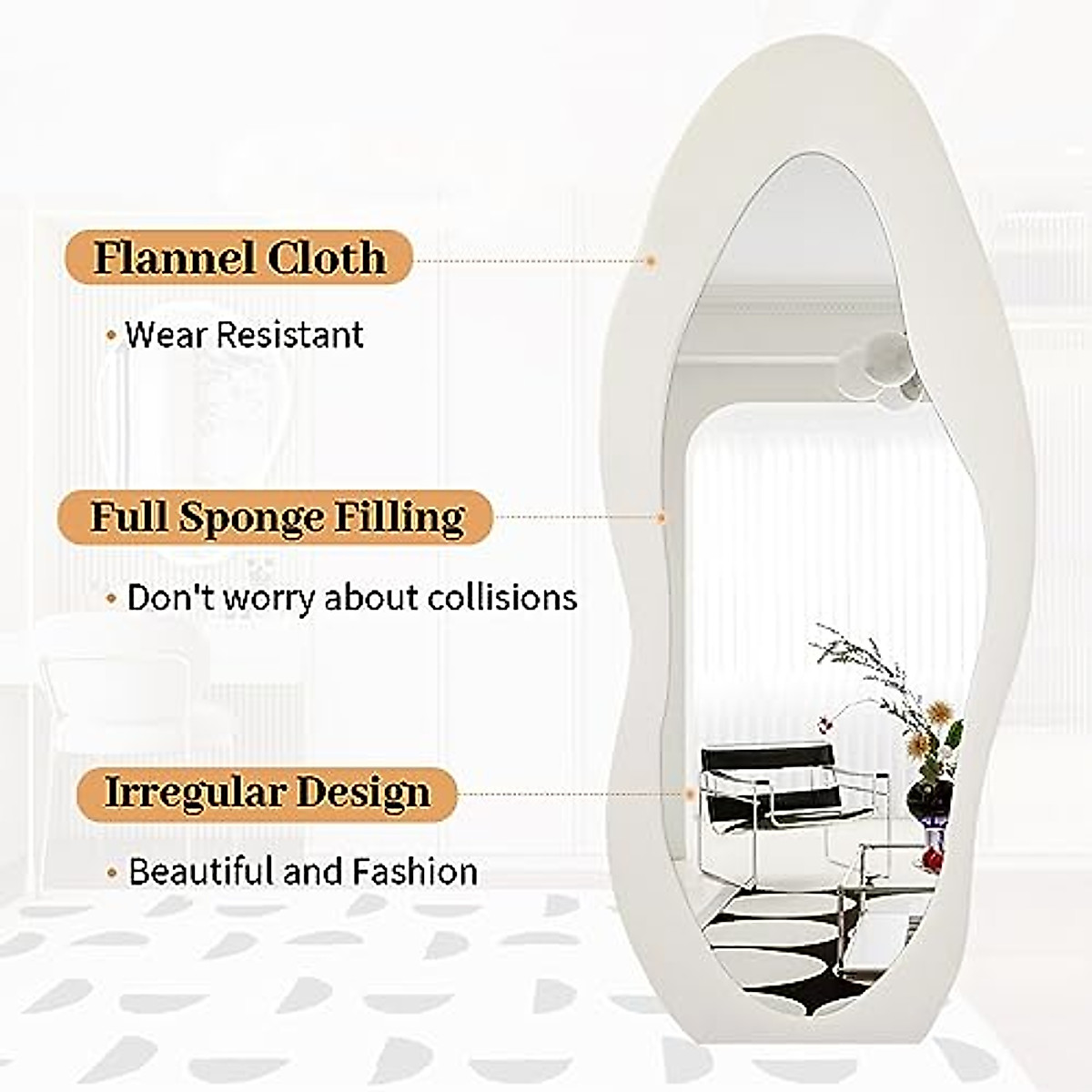 VooBang 63"x24" Mirror Full Length, Flannel Cloud Floor Mirror, Wall Mounted Mirror, Hanging or Leaning Against Wall for Bedroom, Living Room Full Body Mirror, White