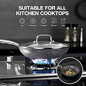 HLAFRG 8 Inch Nonstick Frying Pan with Lid, Grey Granite Skillet with Non Toxic APEO & PFOA Free,Even Heating and Less Oil,8 Inch Omelet Pan with Heat-Resistant Handle,Suitable for All Stove,Oven Safe