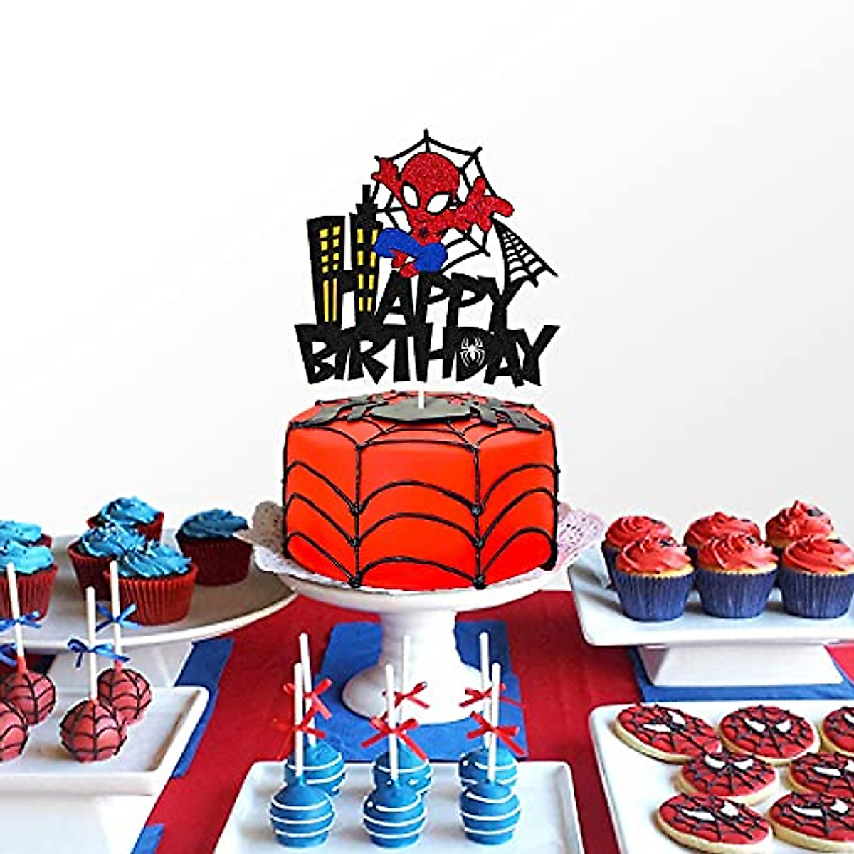 Spider Birthday Cake Topper Spider Cartoon Movie Themed Happy Birthday Cake Decorations for Men Boy Children Bday Party Supplies Double Sided Glitter Black Décor