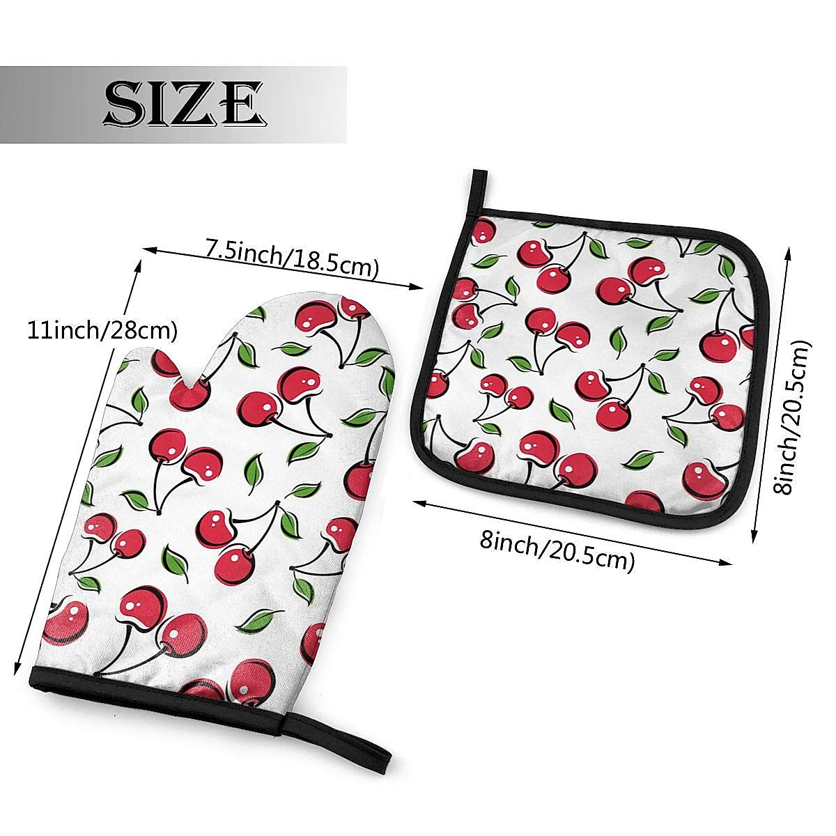 VunKo Red Cherry Oven Mitts and Pot Holders Sets Heat Resistant Oven Gloves with Non-Slip Surface for Safe BBQ Cooking Baking Grilling Set of 2