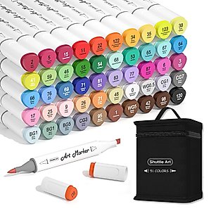 Shuttle Art Alcohol Markers Brush Tip, Dual Tip Brush & Chisel Tip Art Marker Set, 50 Colors plus 1 Blender Permanent Marker Pens with Case Perfect for Illustration Students Adults Coloring