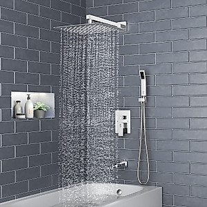 SR SUN RISE 12 Inches All Metal Square Shower System with Tub Spout, Tub Shower Faucet Set, High Pressure Rain Shower Head and Handheld Sprayer Combo Shower Fixtues, Valve Included, Polished Chrome