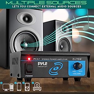 Pyle Home Compact Mini Stereo Power Amplifier-2x15 Watt Portable Dual Channel Home Audio Speaker Receiver Box w/ RCA Cable L/R Input For CD Player, Tuner, MP3, For Amplified Speakers Sound System PCA1