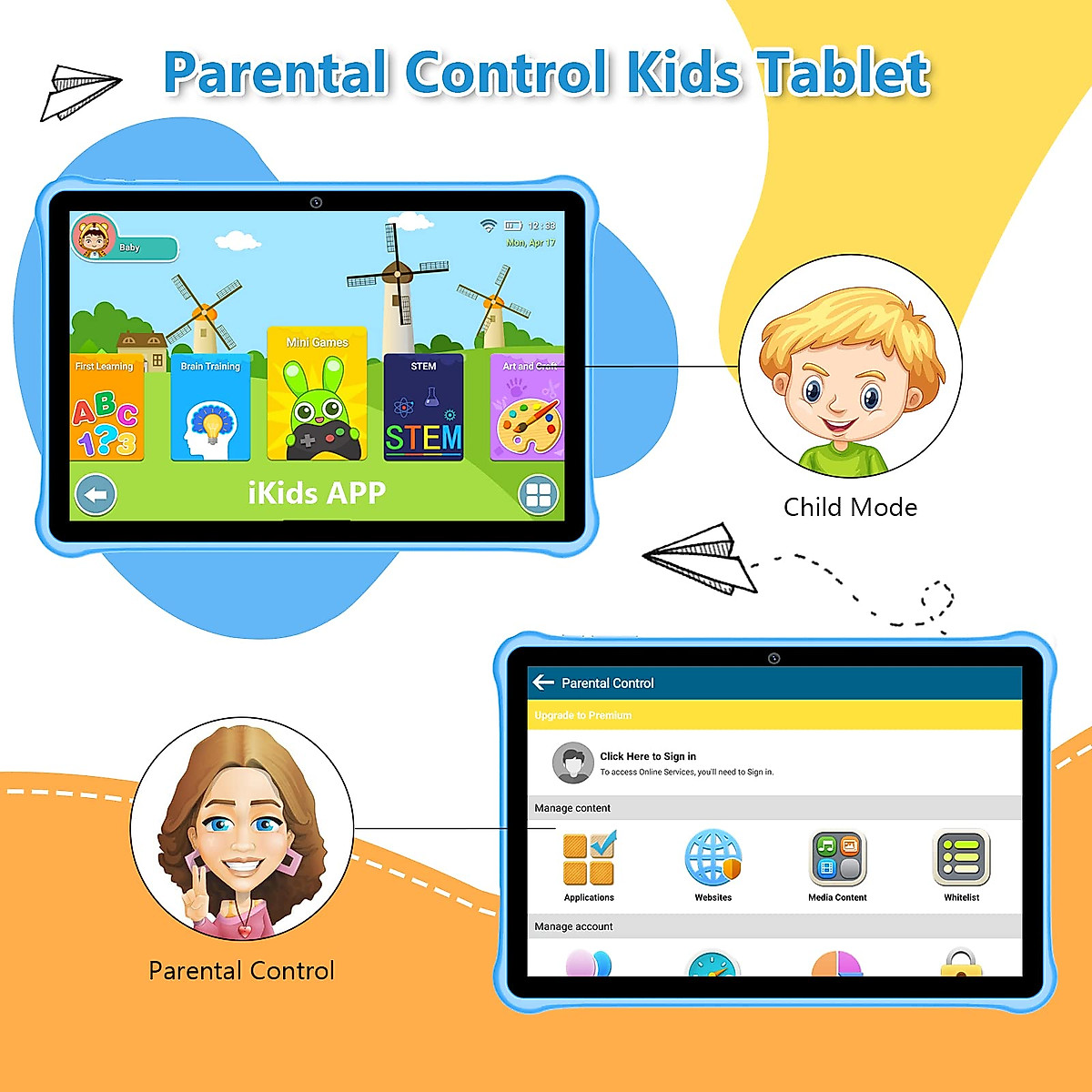 Blackview Kids Tablet Android 12 Tablet Tab A7 Kids 10.1 inch Tablets 64GB ROM 1TB Expand 6580mAh Toddler Tablet Bluetooth IPS HD+ Display Parental Control Educational Games Blue