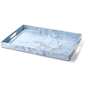American Atelier Steel Blue Rectangular Serving Tray – Large 14 x 19 inch Decorative Platter w/Carry Handles in Gorgeous Marble Finish for Food, Drinks, Ottoman or Centerpiece (1270749)