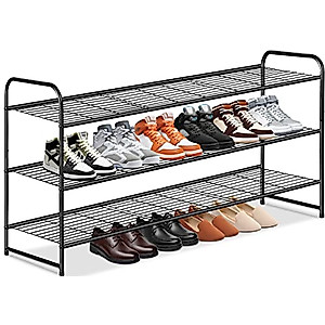 KEETDY 3-Tier Long Shoe Rack for Closet Metal Shoe Organizer for Entryway, Wide Stackable Shoe Storage Shelf with Sturdy Wire Grid for Closet Floor, Bedroom, Black