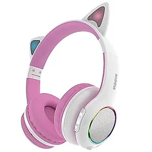MIDOLA Kids Headphone Bluetooth Wireless or Wired Over Ear Cat Light Foldable Stereo Headset with AUX 3.5mm Mic Volume Limit 110-94 dB for Adult Child Boy Girl Cellphone Tablets TV Game White