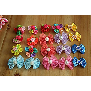 Masue Pets 50pcs in Pairs Dog Hair Bows with Rubber Bands Rhinestone Pearls Bows Bowknot Bows Dog Topknot Bows Cute Dog Hair