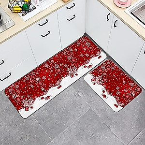 2 Pieces Kitchen Rugs and Mats Red Christmas Shiny Stars Xmas Balls,Non Slip Indoor Doormats Set,Washable Floor Carpet Area Runner for Laundry Sink Home Decor Winter Snowflakes