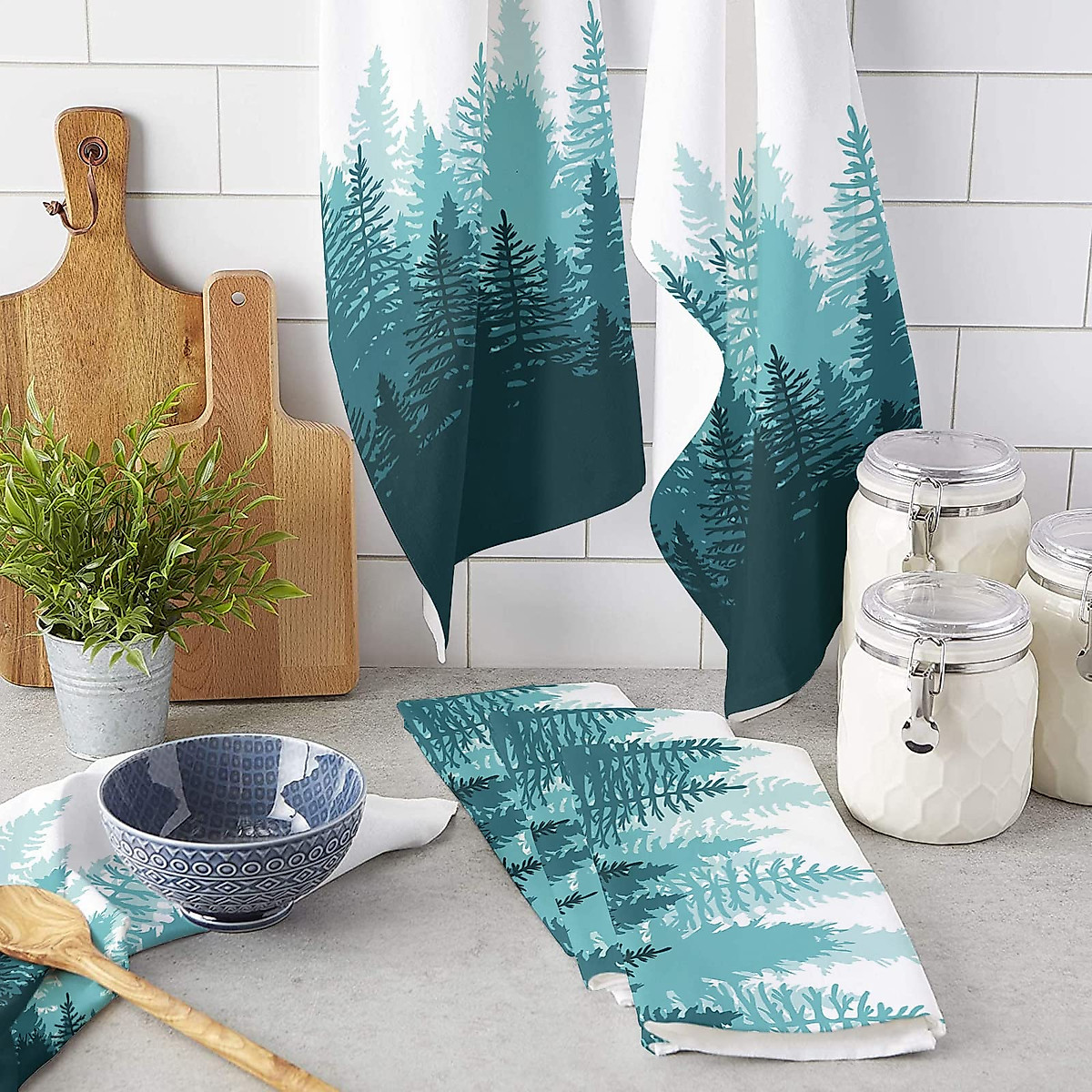 Edwiinsa Teal Ombre Kitchen Dish Towels and Dishcloths Sets 18 x 28 Inches Absorbent Hand Towels Dish Rags with Hanging Loop for Home Cleaning Gradual Forest Ink Painting Abstract Art