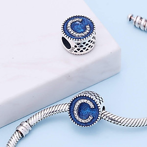 SOUKISS Alphabet A-Z Cubic Stone Charms Solid 925 Sterling Silver Ocean Blue Letter Beads Fits European Bracelets (Letter C)