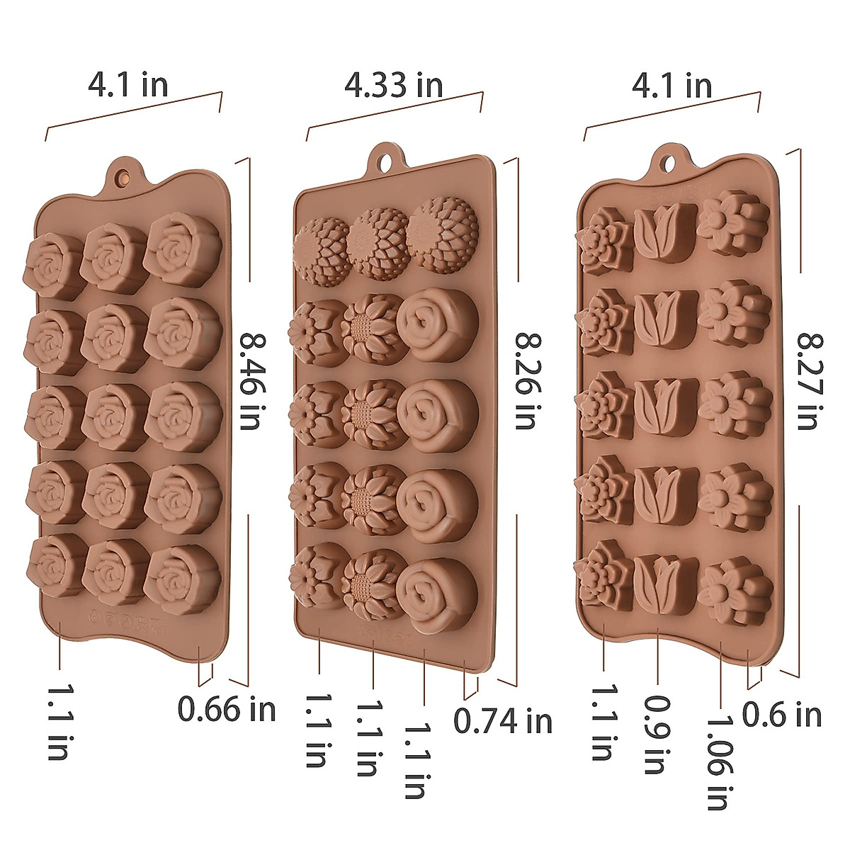 Poproo Non-Stick Silicone Molds Chocolate Molds Flower Gummy Candy Molds Ice Cube Molds Tray Cake Decoration Party & Wedding Gift, Pack of 3, 45-Cavity