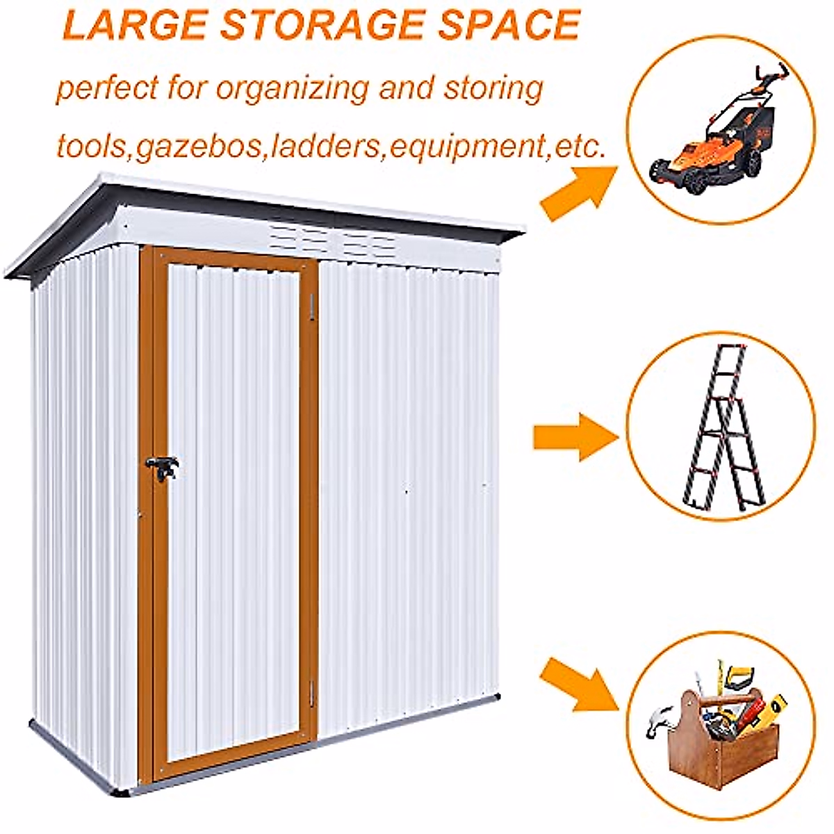 MOEO 5' x 3' Outdoor Metal Storage Shed, Galvanized Metal Shed with Lockable Doors, Tool Storage Shed for Backyard, Patio, Lawn, Garden, Trash Cans, White