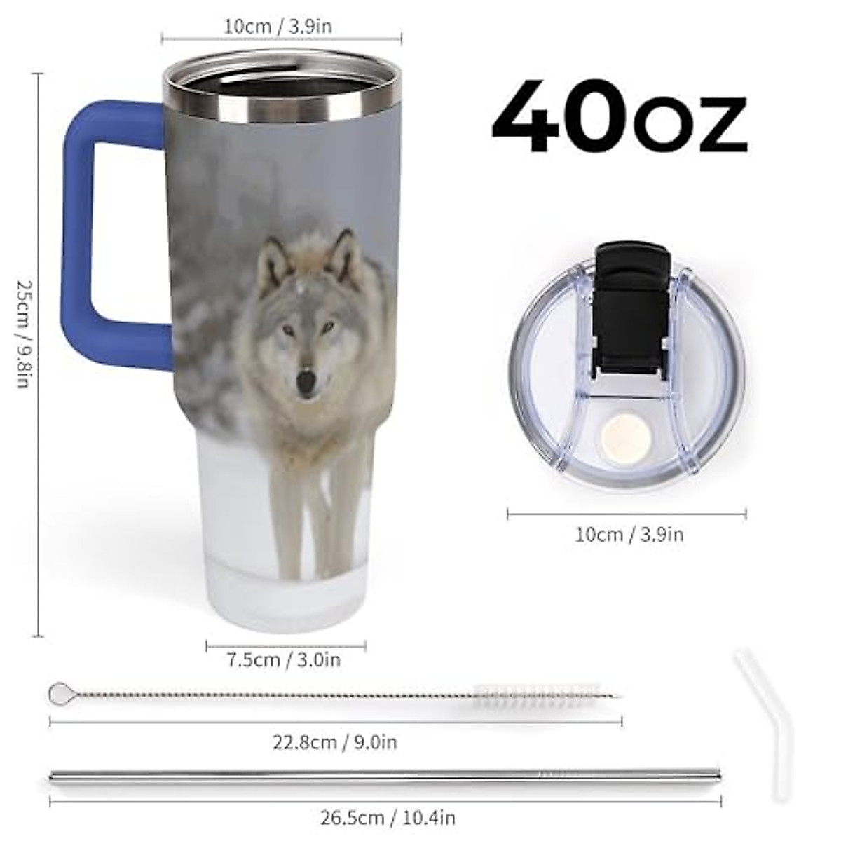 40 Oz Vacuum Tumbler with Deep Blue Handle Leakproof Insulated Tumbler Two Wolves Walking in The Snow Stainless Steel Travel Mug with Lid And Straw Coffee Cup Cute Water Bottles Cup Holder Friendly