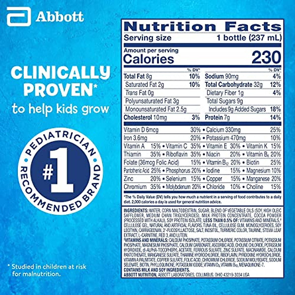 PediaSure Grow & Gain with 2’-FL HMO Prebiotic, Kids nutrition shake, Vitamins C, E, B1, & B2, Non-GMO, Chocolate, 8 Fl Oz (Pack of 24)