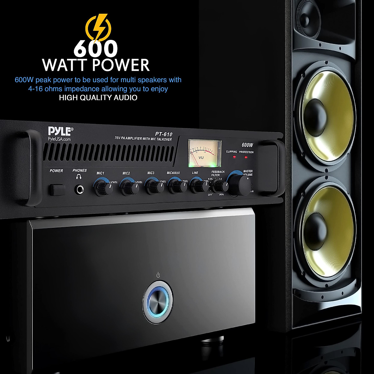 PyleHome 5-Channel Home Audio Power Amplifier - Mixer w/ 70V Output - 600 Watt Rack Mount, Headphone, Mic Talkover for PA System Great for Commercial Entertainment Use -Pyle PT610