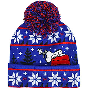 Peanuts Beanie Hat, Snoopy Red House Ugly Xmas Sweater Winter Knit Cap with Cuff and Pom, Blue, One Size