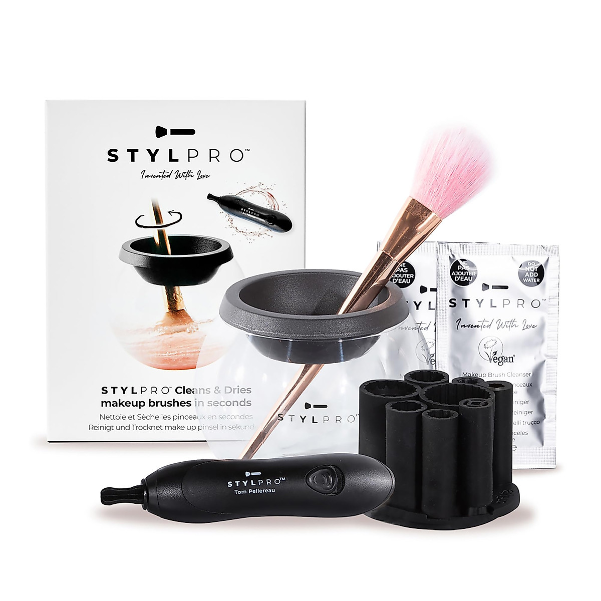 STYLPRO Electric Make-up Brush Cleaner & Dryer - Cleans and dries thoroughly in 30 seconds with gentle centrifugal technology. Suitable for all brush sizes, incl. vegan cleaner.