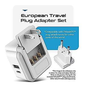 Ceptics European Plug Travel Adapter Set, 20W PD & QC, Safe Dual USB & USB-C - 2 USA Socket - Compact - Use in Germany, France, Italy, UK - Includes Type E/F, Type C, Type G SWadAPt Attachments