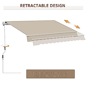 Outsunny 12' x 10' Retractable Awning Patio Awnings Sun Shade Shelter with Manual Crank Handle, 280g/m² UV & Water-Resistant Fabric and Aluminum Frame for Deck, Balcony, Yard, Beige