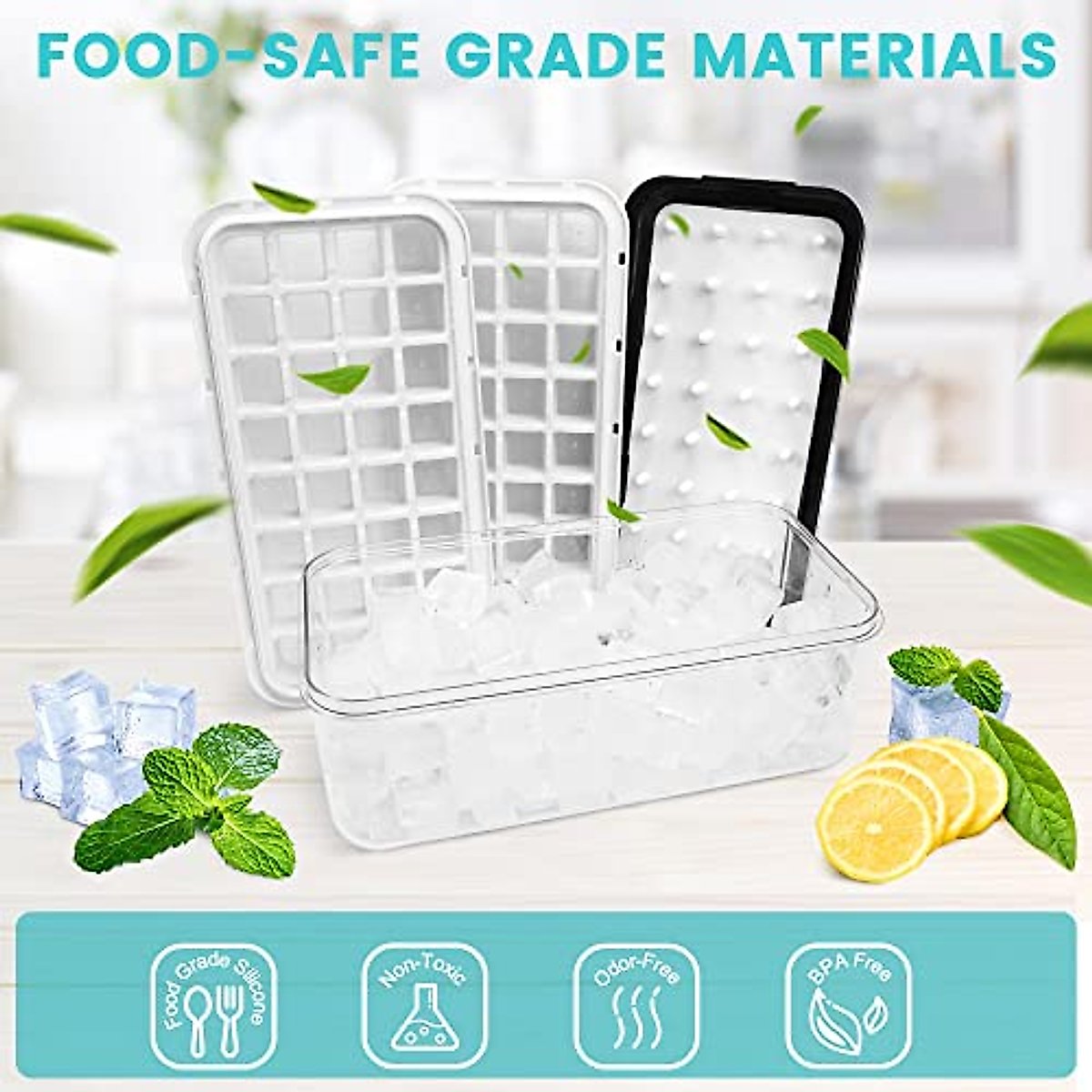Ice Cube Tray,Ice Trays for Freezer with Lid and Bin,Ice Cube Trays for Freezer with 2 trays,Easy Release 64 pcs Ice,Ice Cube Molds,BPA Free