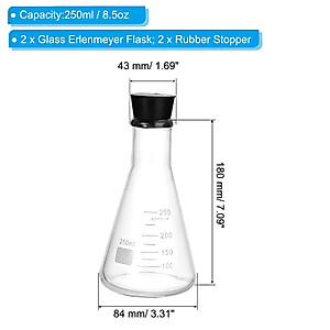 PATIKIL Erlenmeyer Flask, 2 Set 250ml 8.5oz Narrow Mouth Graduated Flasks with Rubber Stopper Borosilicate Glass Flasks with Printed Graduation for Lab Experiment Chemistry Science Study
