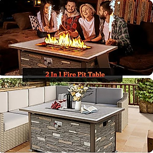 NOBLEMOOD 48 INCH Propane Fire Pit Outdoor Fire Table w/Faux Ledgestone Base, 50,000 BTU Gas Fire Pit Table w/Aluminum Table Top, Waterproof Cover for Outdoor, Patio, Garden, CSA Certification
