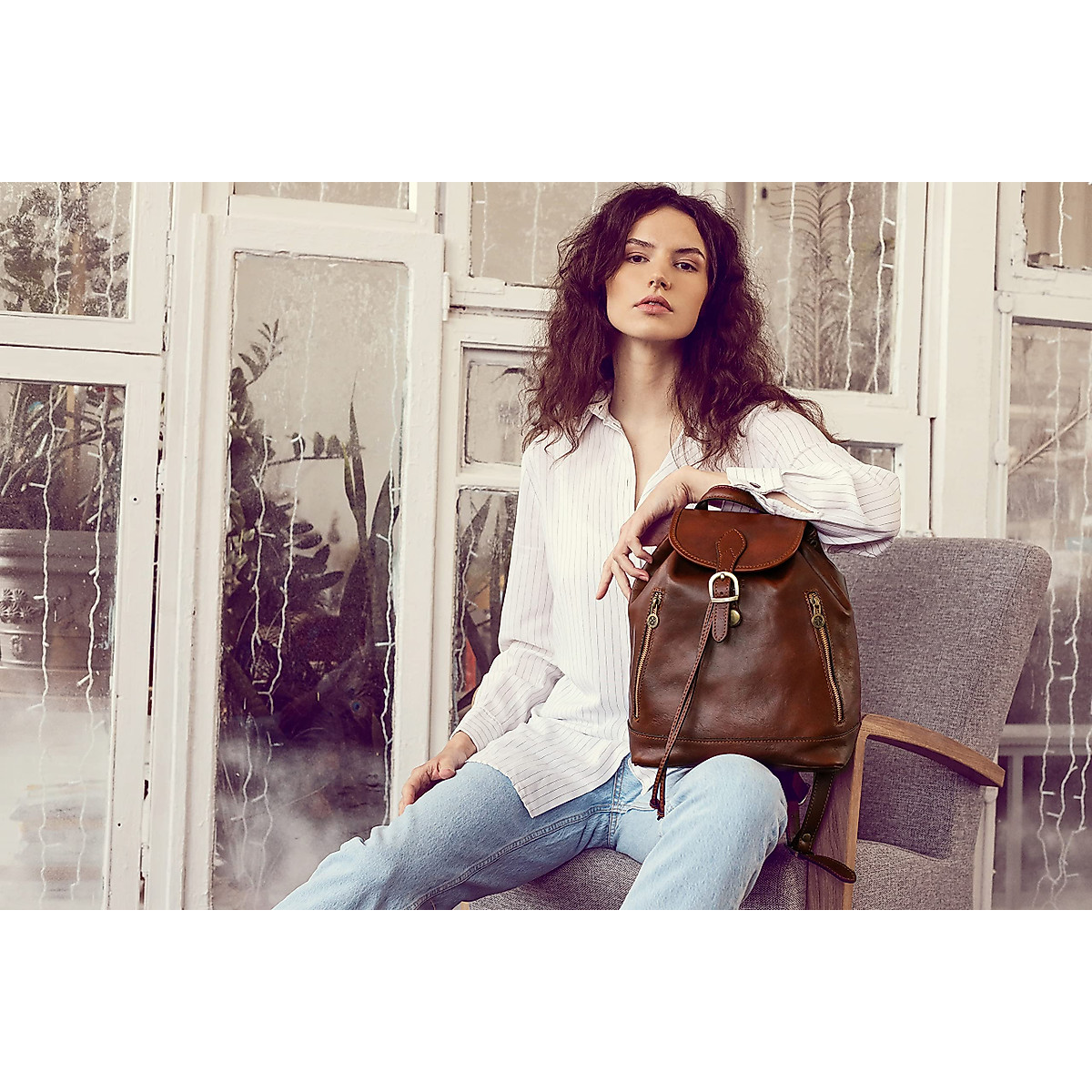 Time Resistance Leather Backpack Full Grain Real Leather Small Rucksack