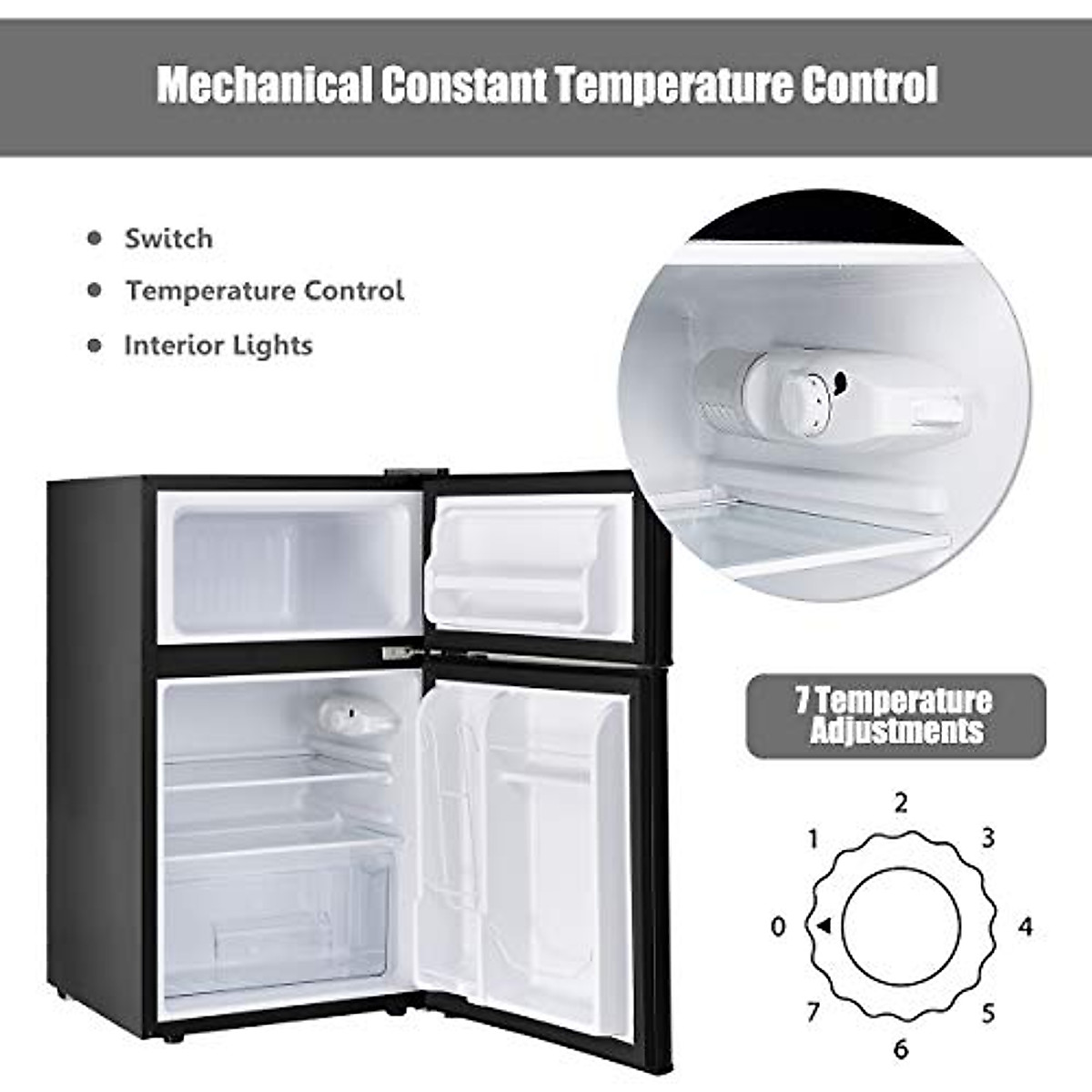 KOTEK Mini Fridge with Freezer, 3.2 Cu.Ft Compact Refrigerator with Reversible 2 Doors, 7 Level Adjustable Thermostat & Removable Shelves, Small Refrigerator for Bedroom/Office/Dorm/Apartment (Black)